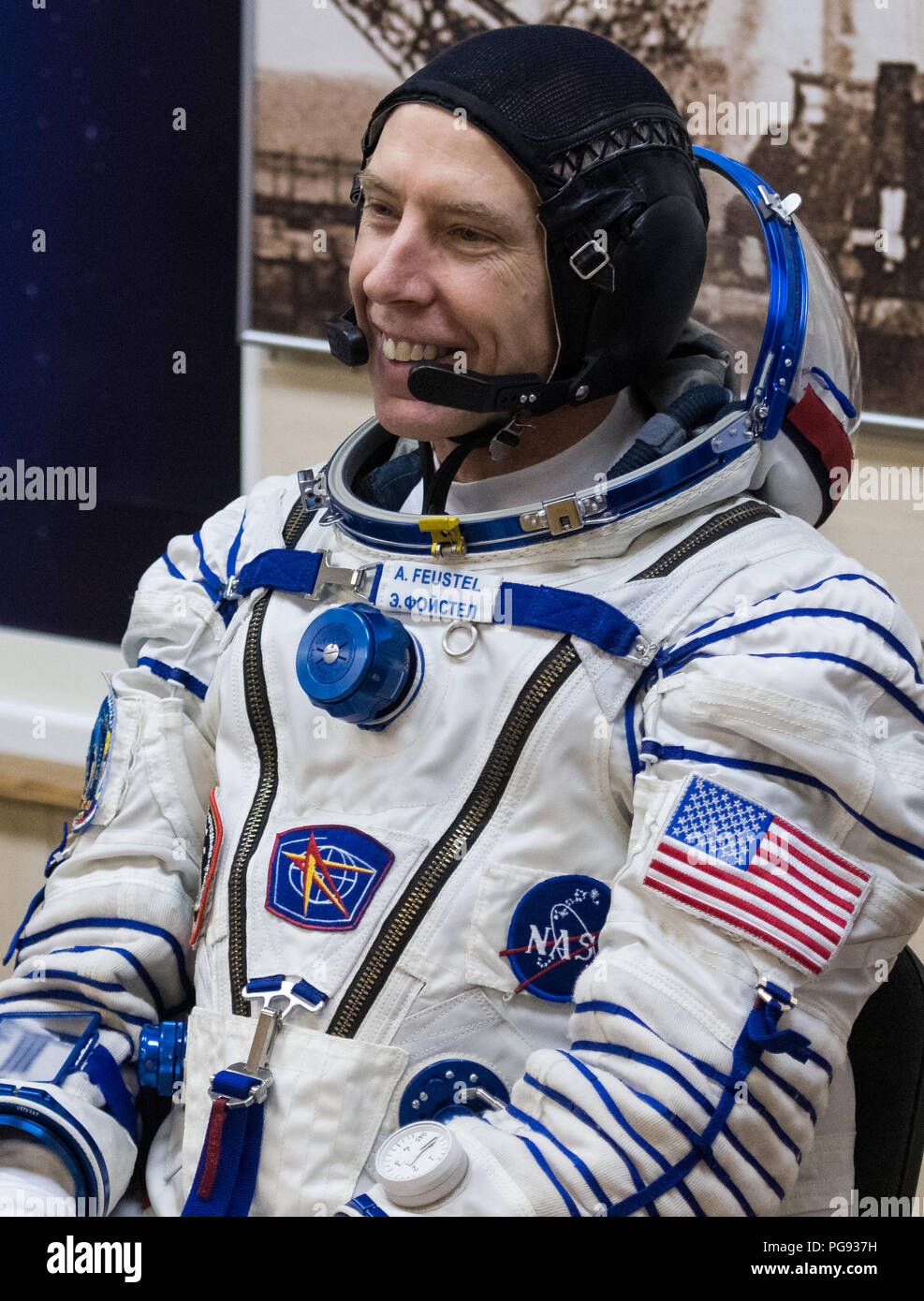 Expedition 55 flight engineer Drew Feustel of NASA is seen as he waits ...