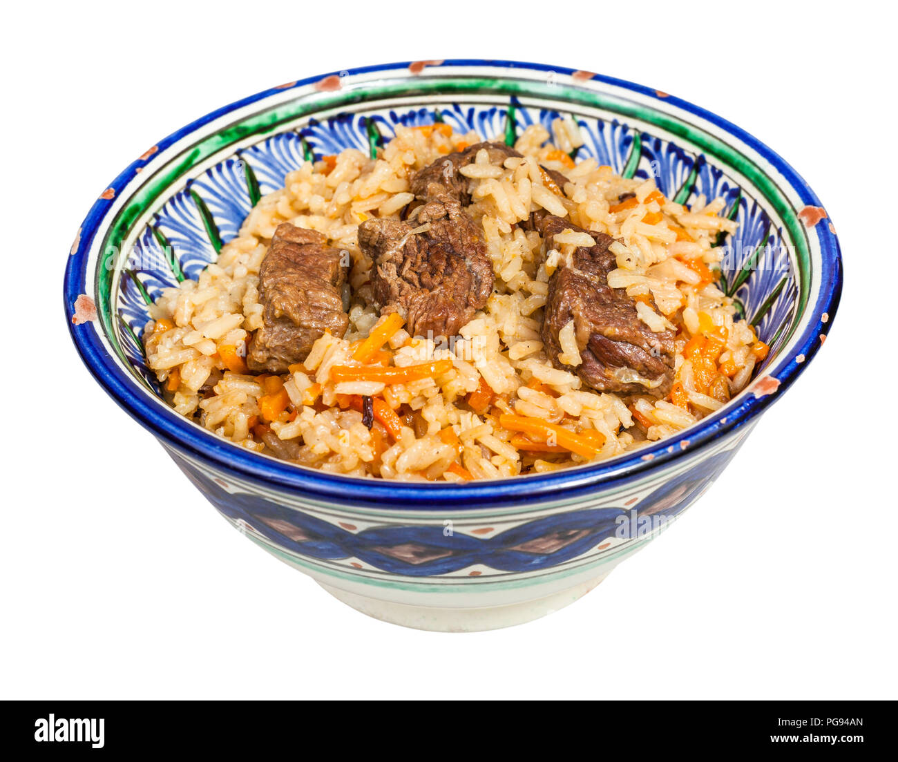 above view of cooked pilau (central asian dish from rice with meat and ...