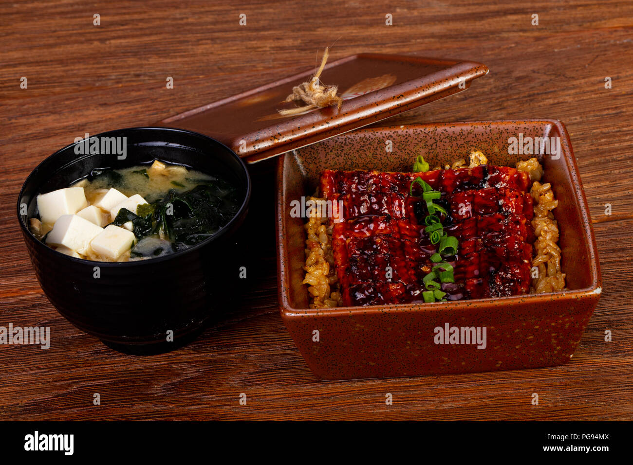 Roasted eel with rice and miso soup Stock Photo - Alamy