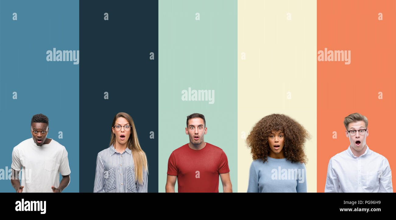 Group of people over vintage colors background afraid and shocked with ...