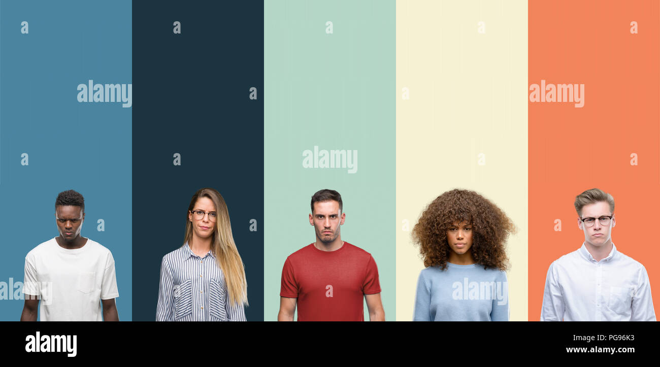 Group of people over vintage colors background skeptic and nervous ...