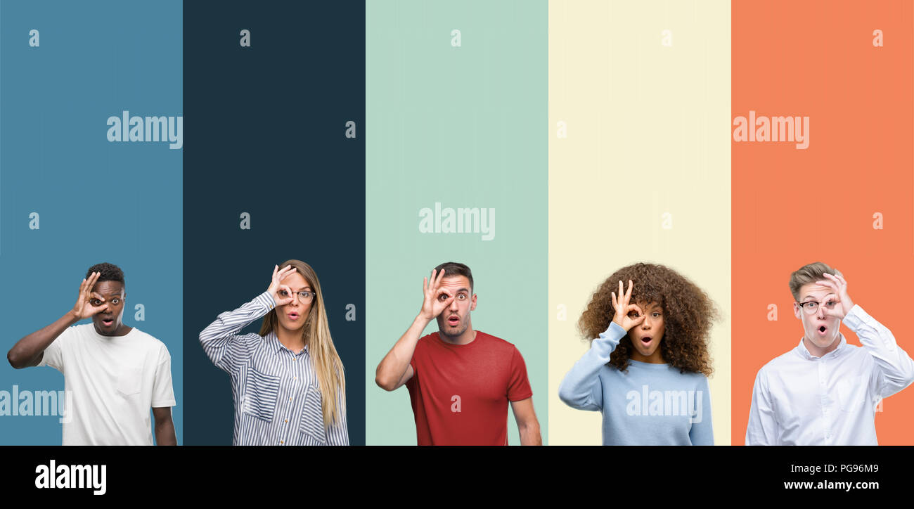 Group of people over vintage colors background doing ok gesture shocked ...