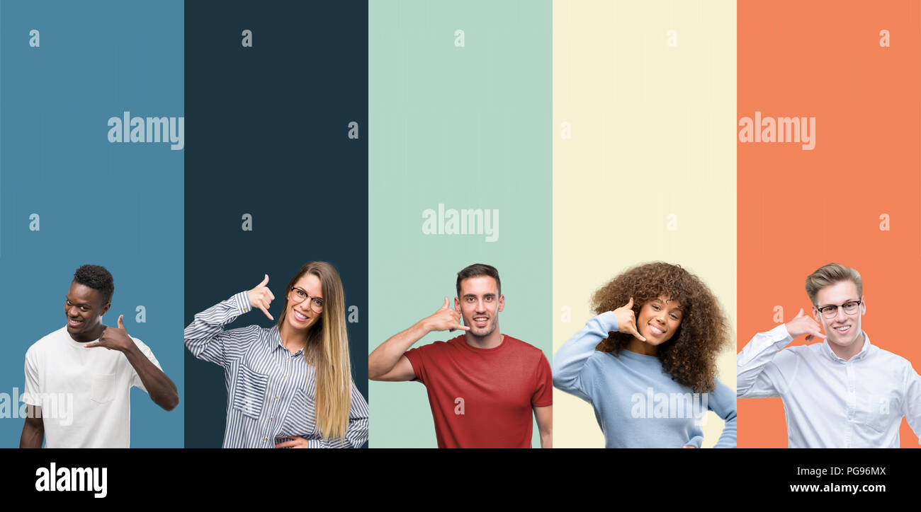 Group of people over vintage colors background smiling doing phone ...