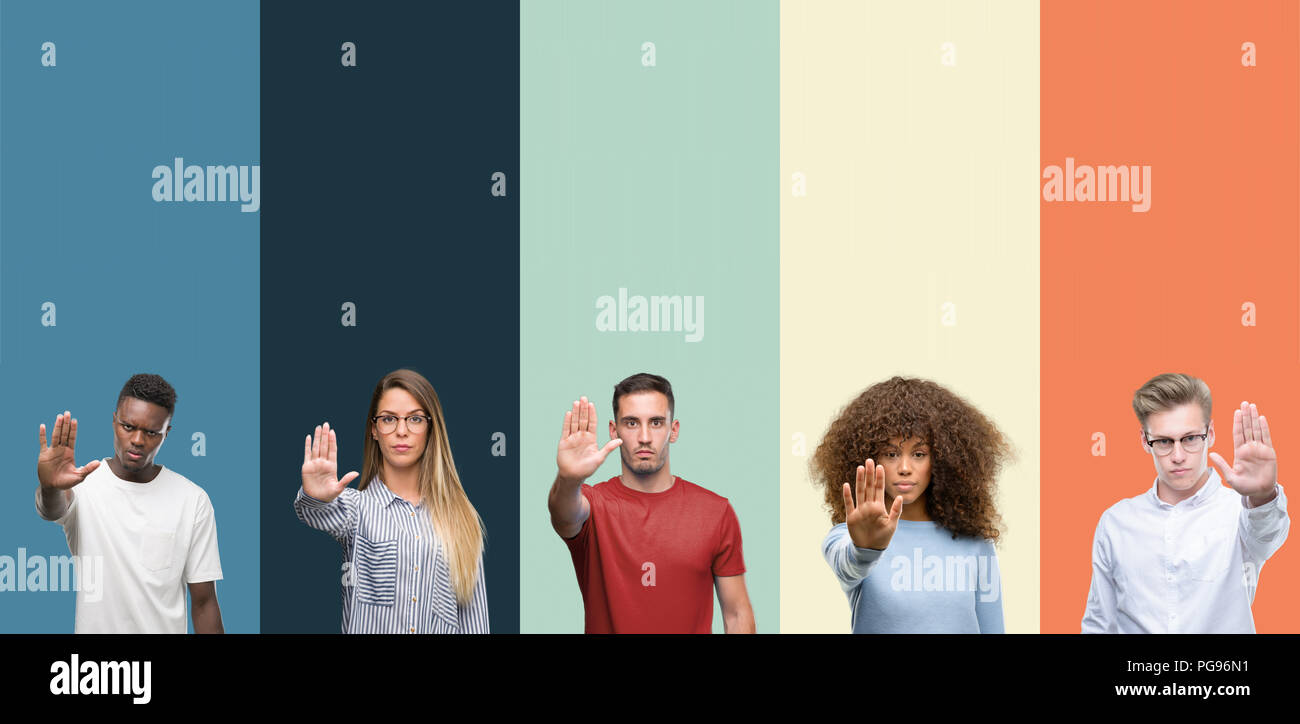 Group of people over vintage colors background doing stop sing with ...