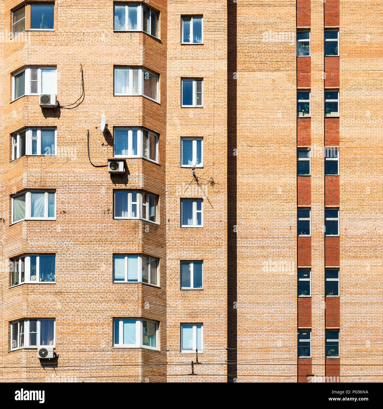 detail of facade of urban brick apartment building in Moscow city on ...
