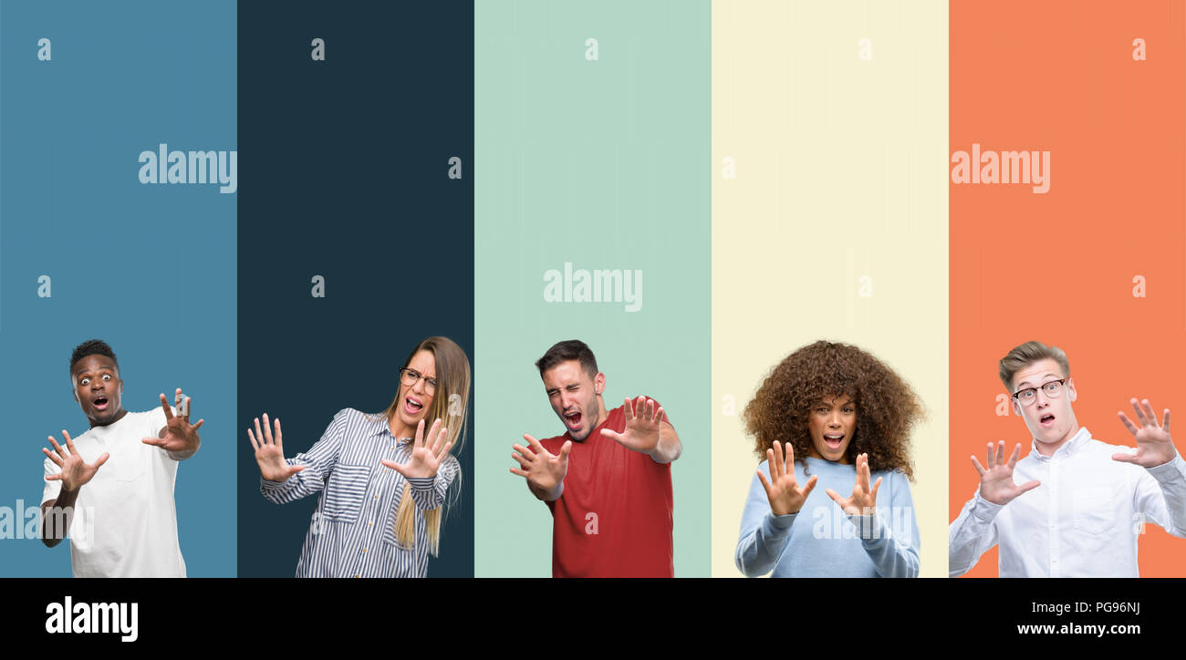 Group of people over vintage colors background afraid and terrified ...