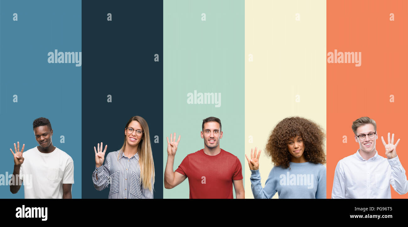 Group of people over vintage colors background showing and pointing up ...