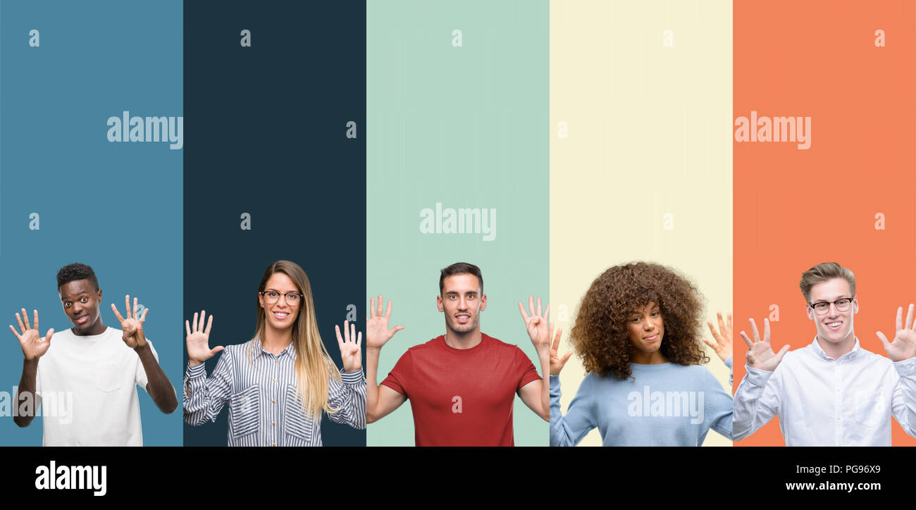 Group of people over vintage colors background showing and pointing up ...