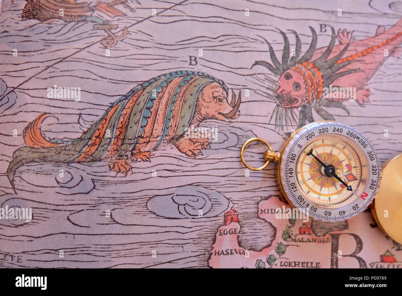 Compass placed on top of reproduction of section of Olaus Magnus's 16th ...