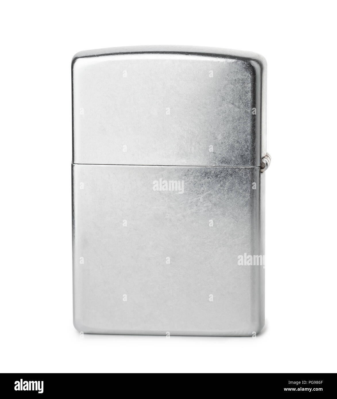 Side view of closed stainless steel cigarette lighter isolated on white ...