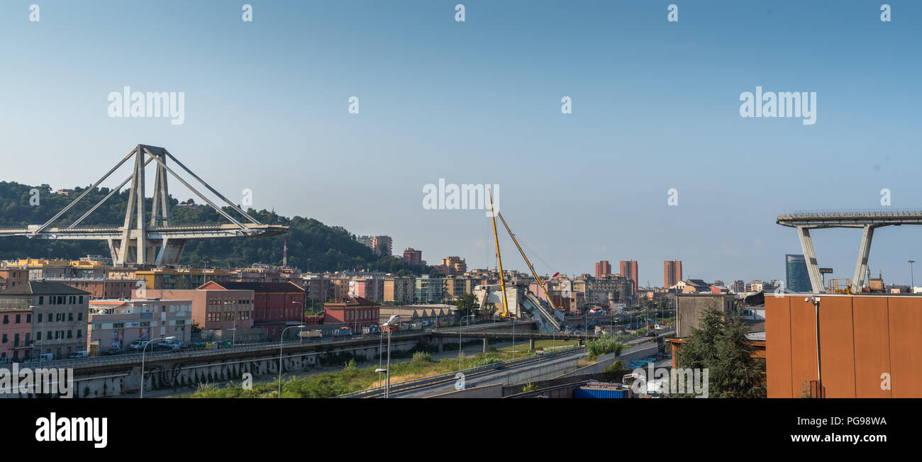 Genoa, Italy, what remains of collapsed Morandi Bridge connecting A10 ...