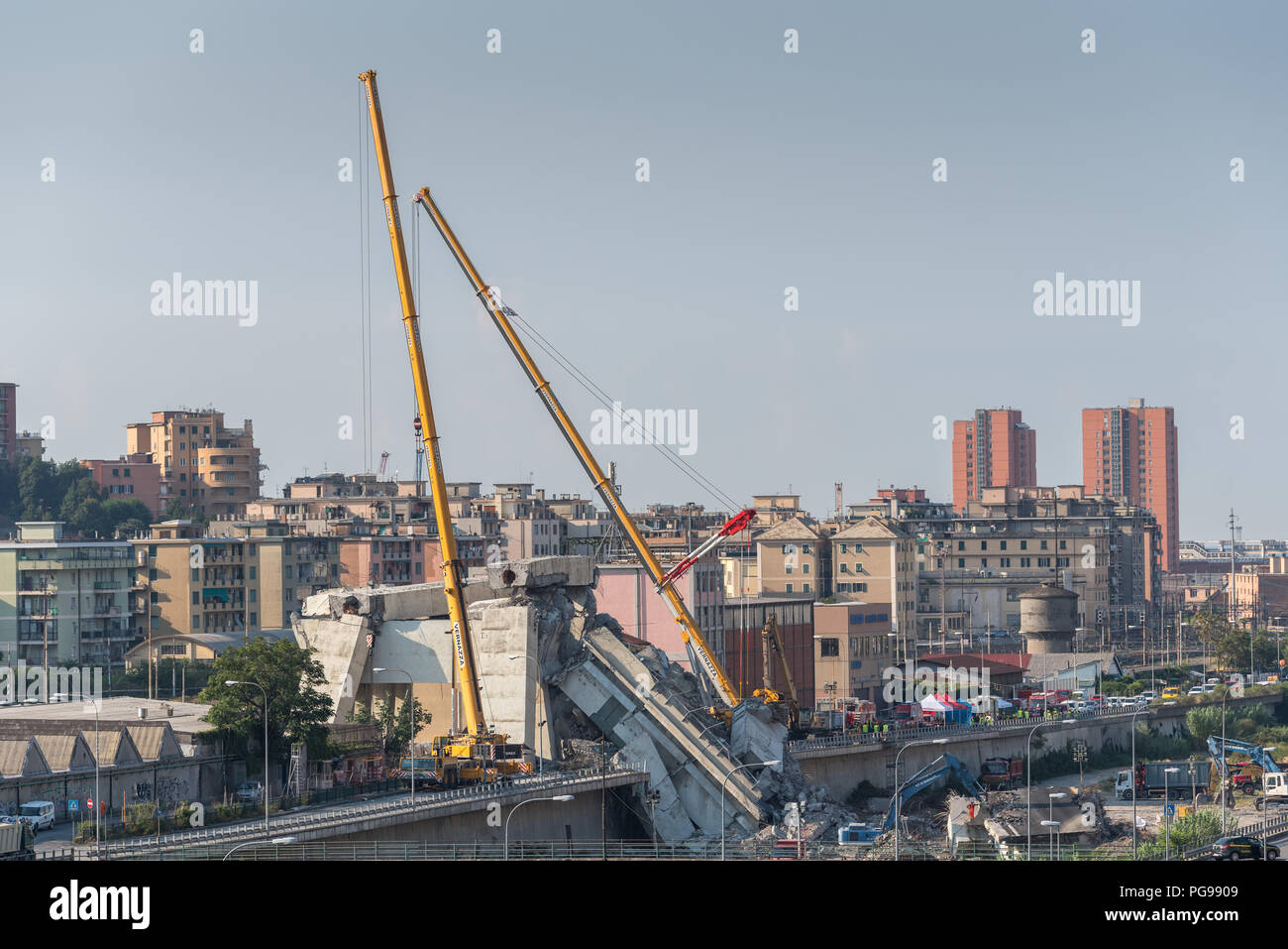 Genoa, Italy, what remains of collapsed Morandi Bridge connecting A10 ...