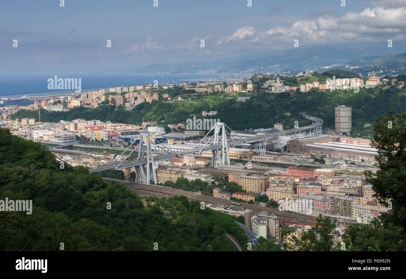 Aerial view of Morandi bridge (Polcevera viaduct) connecting A10 ...