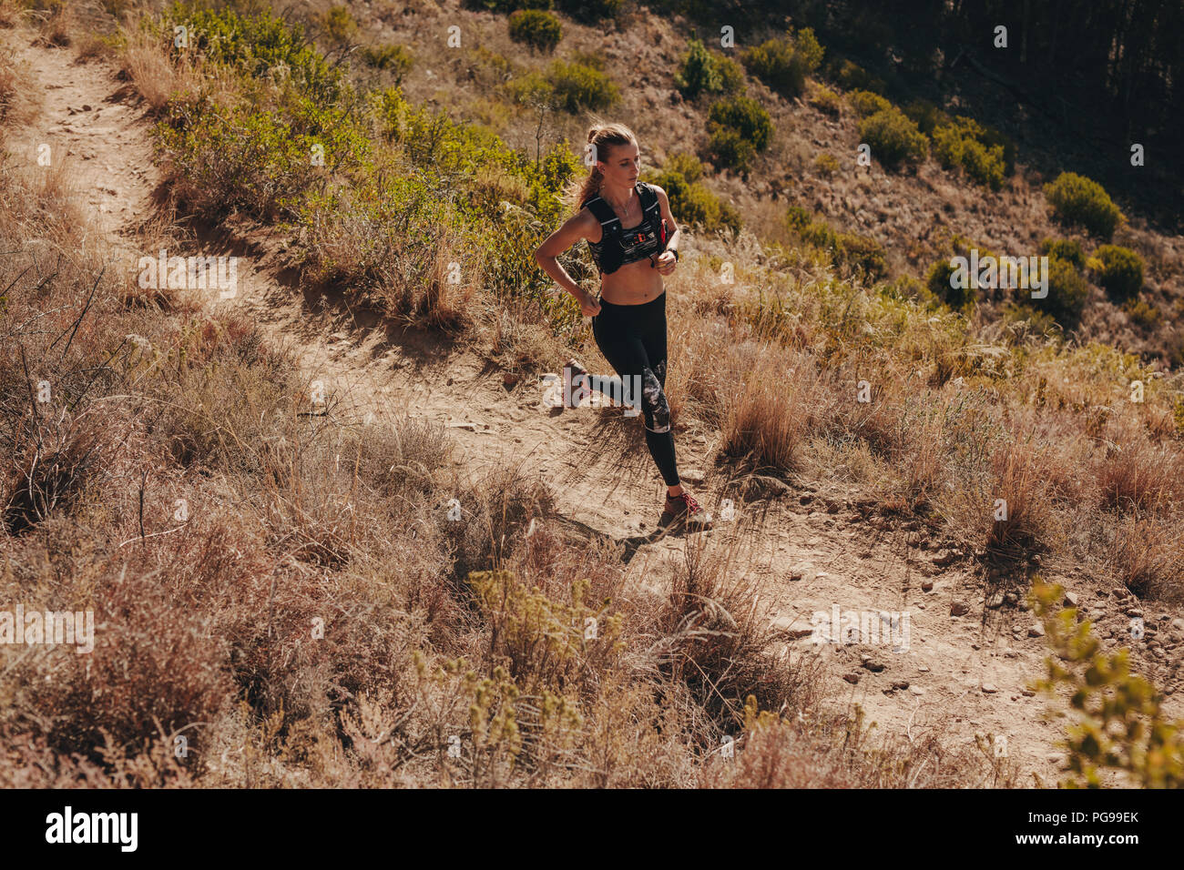 Top view of young woman running on country trail. fitness female ...
