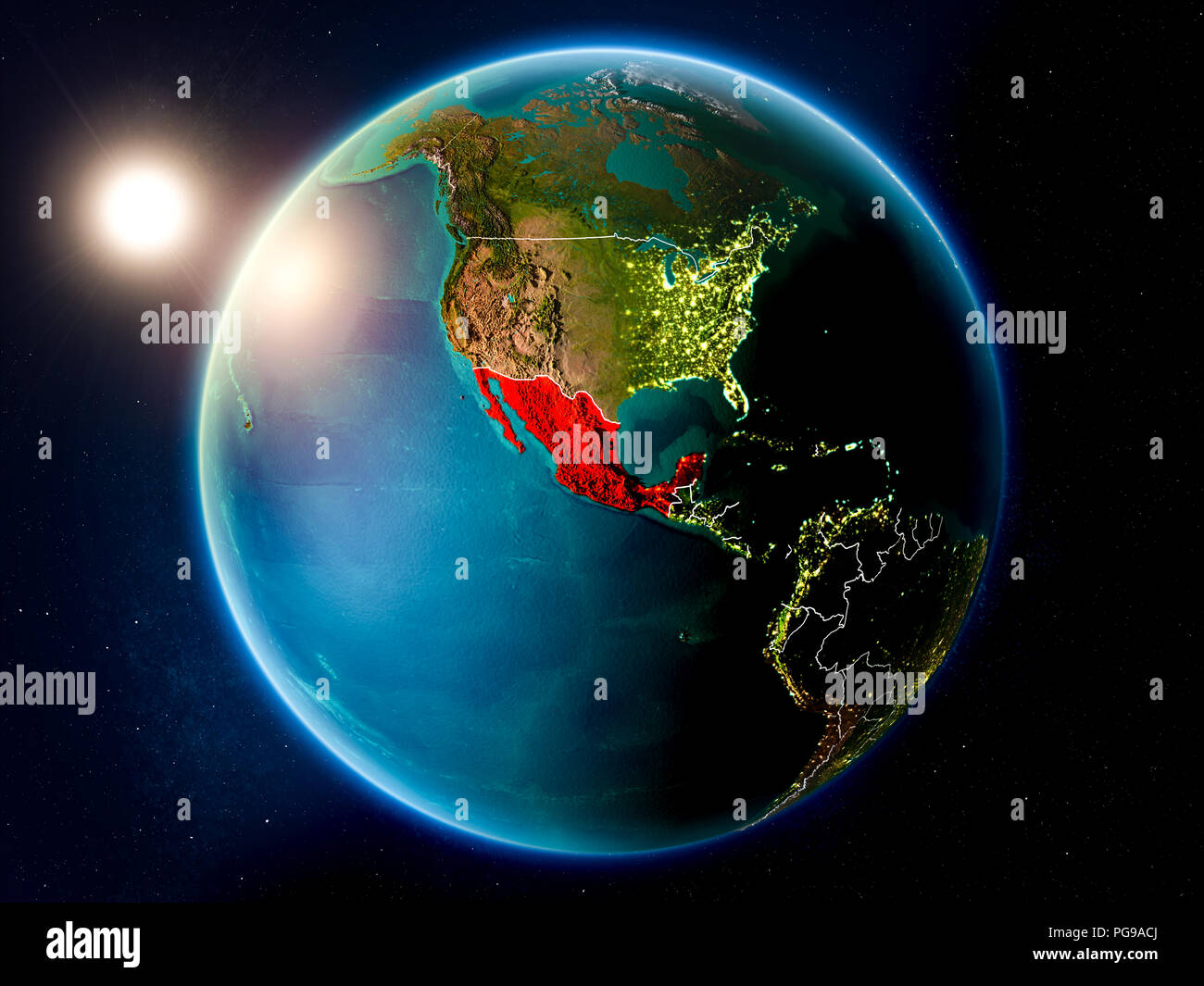 Sunset above Mexico highlighted in red on planet Earth with visible ...