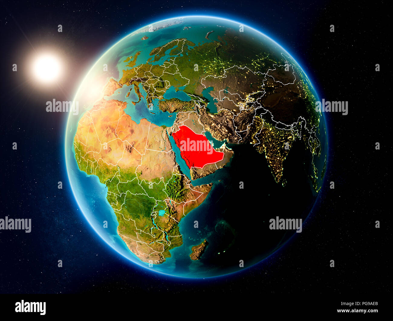 Sunset above Saudi Arabia highlighted in red on planet Earth with ...