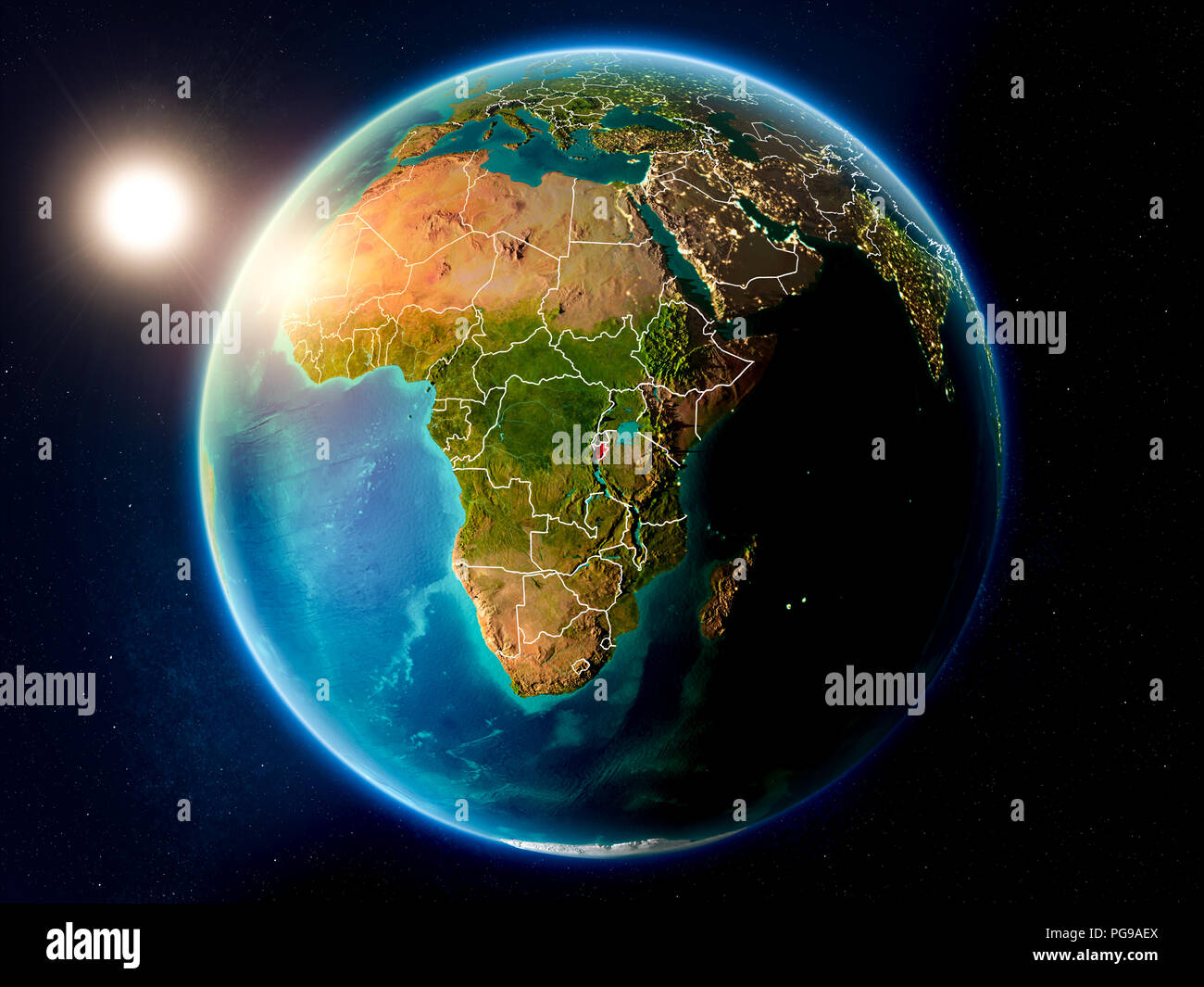 Sunset above Burundi highlighted in red on planet Earth with visible ...