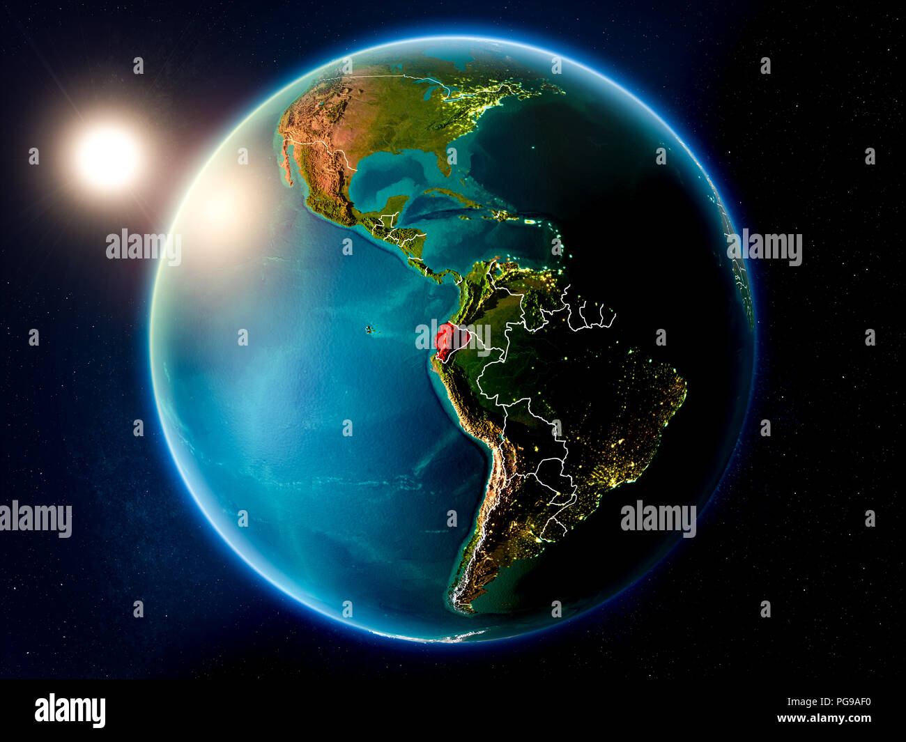 Sunset above Ecuador highlighted in red on planet Earth with visible country borders. 3D ...