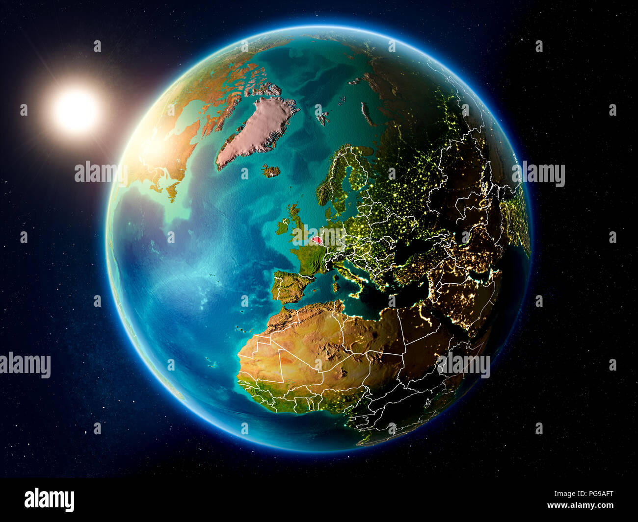 Sunset above Belgium highlighted in red on planet Earth with visible country borders. 3D ...