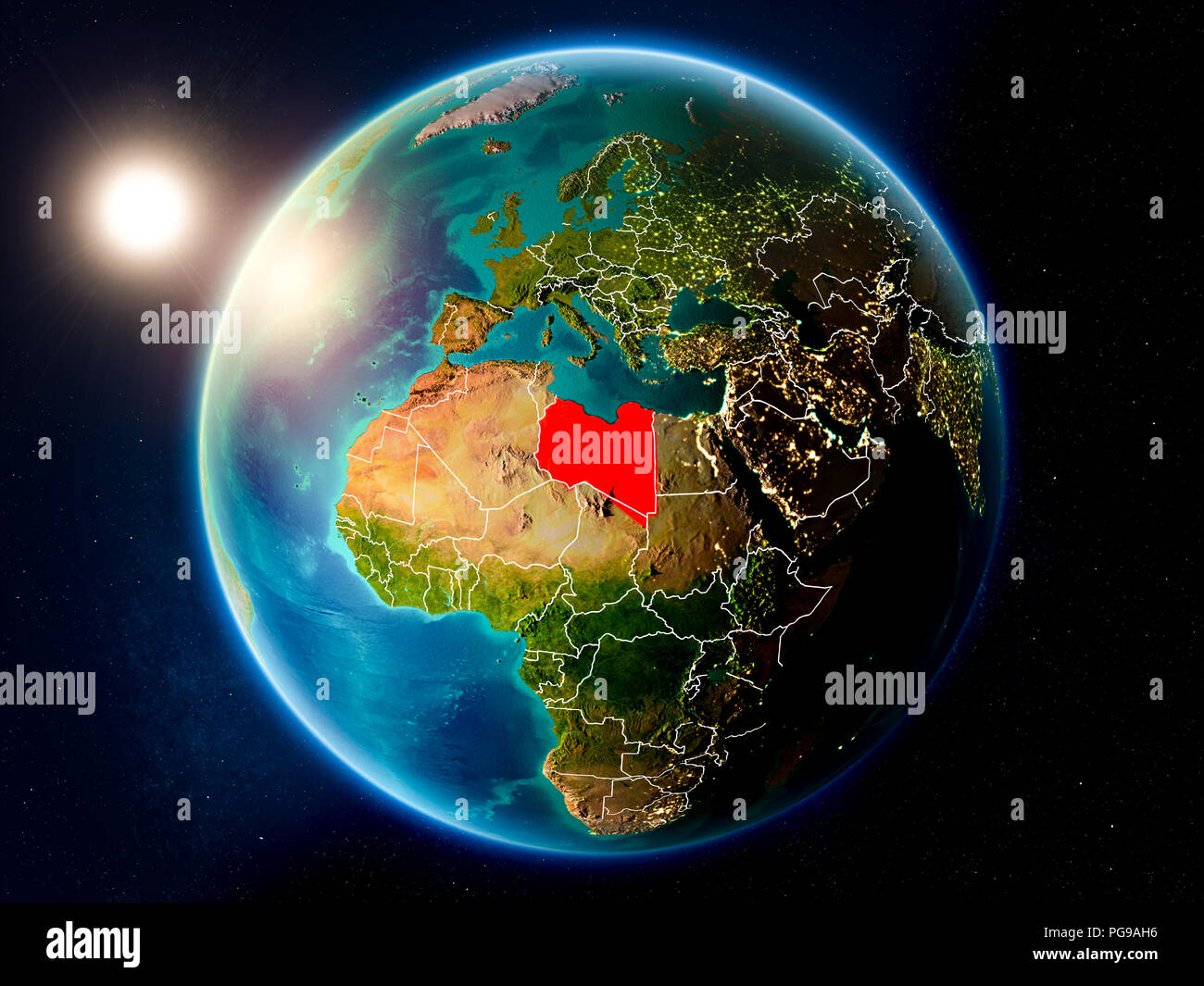 Sunset above Libya highlighted in red on planet Earth with visible ...