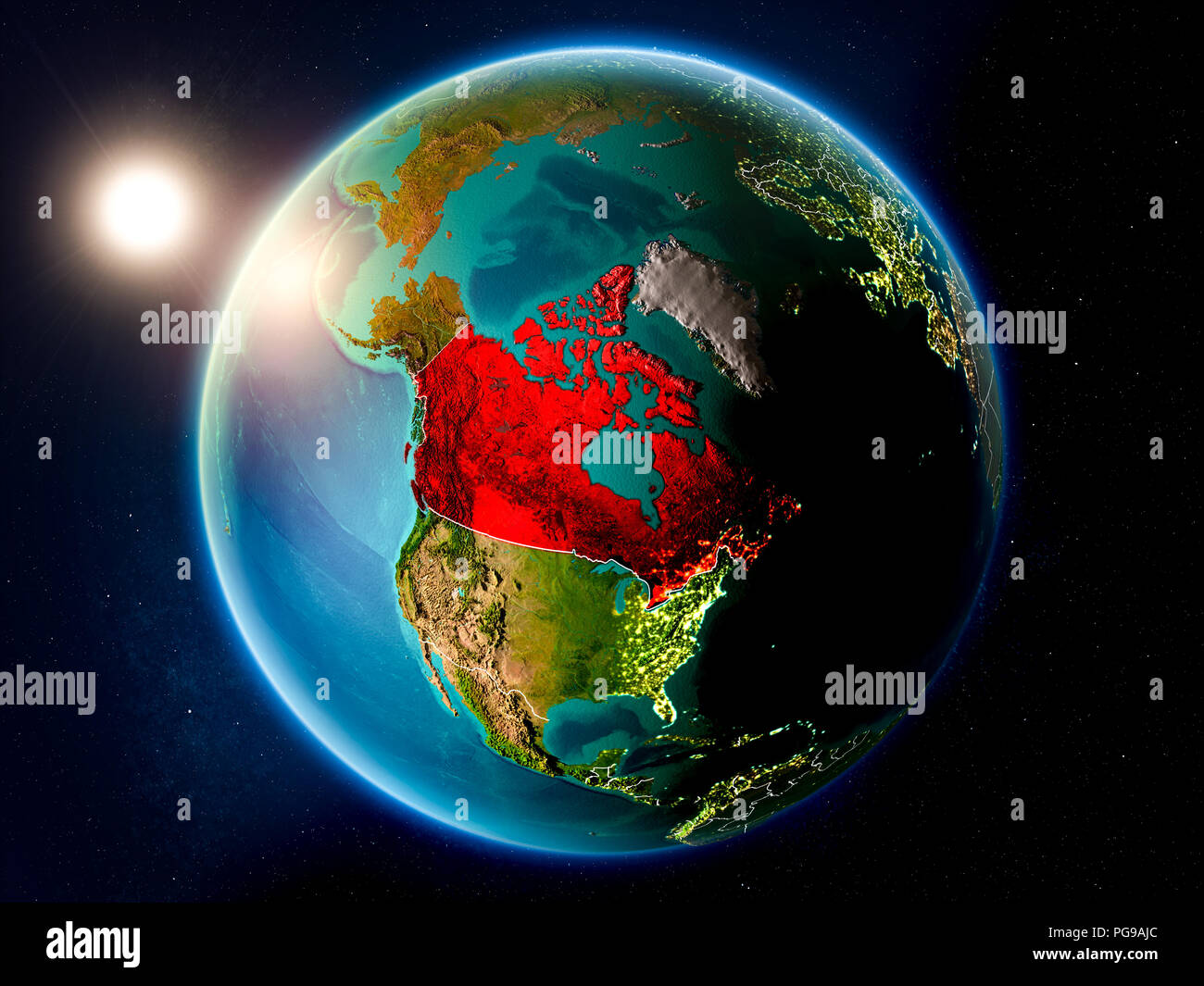 Sunset above Canada highlighted in red on planet Earth with visible ...