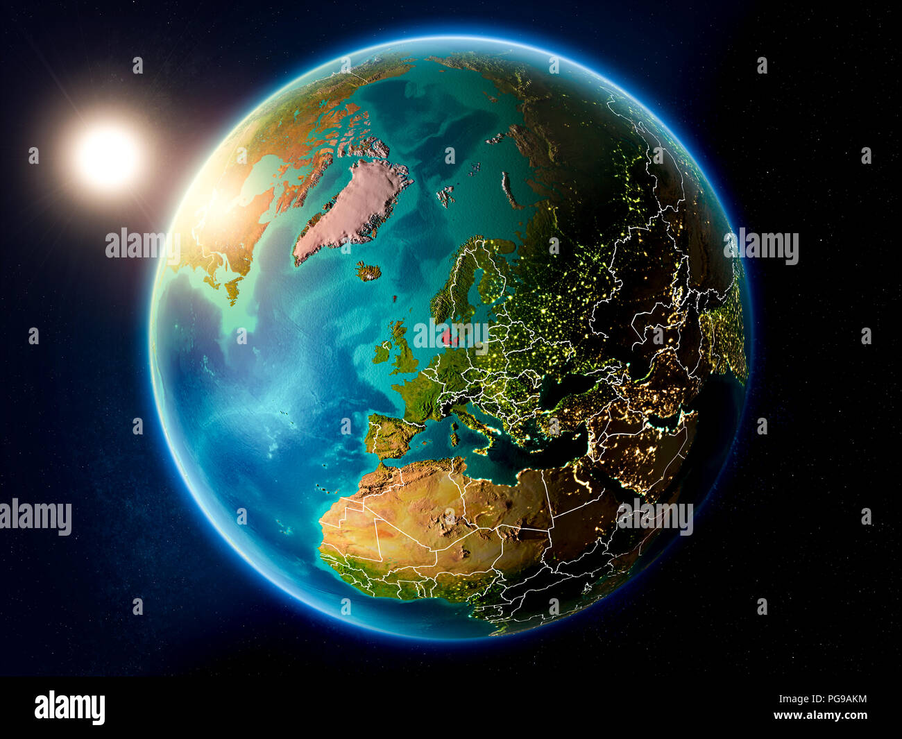 Sunset above Denmark highlighted in red on planet Earth with visible country borders. 3D ...