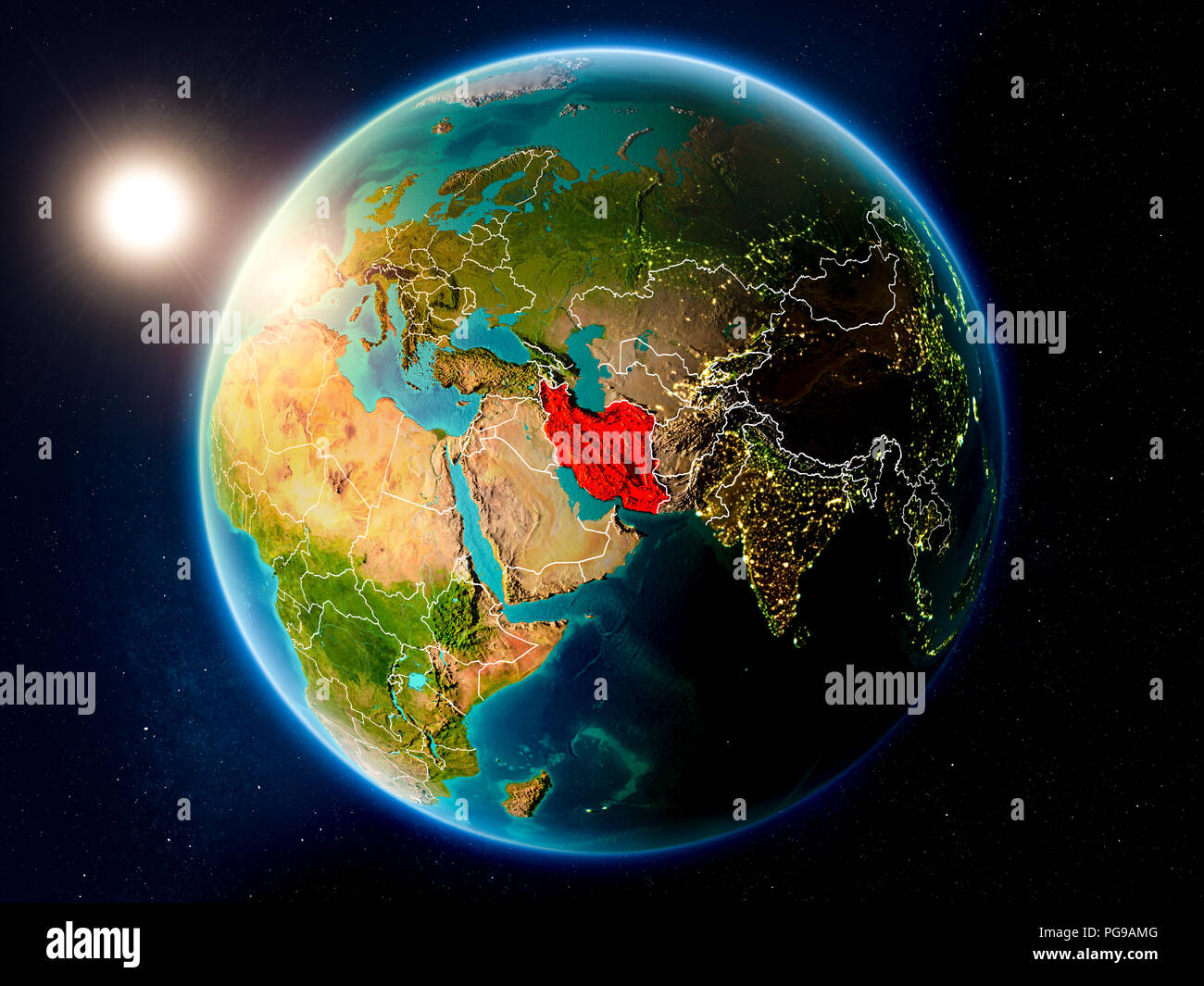 Sunset above Iran highlighted in red on planet Earth with visible ...