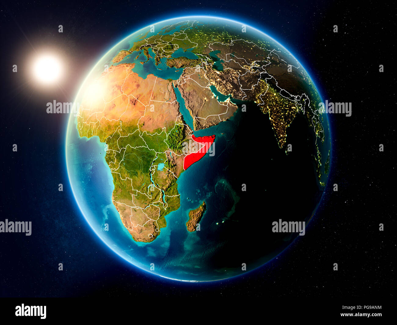 Sunset above Somalia highlighted in red on planet Earth with visible ...