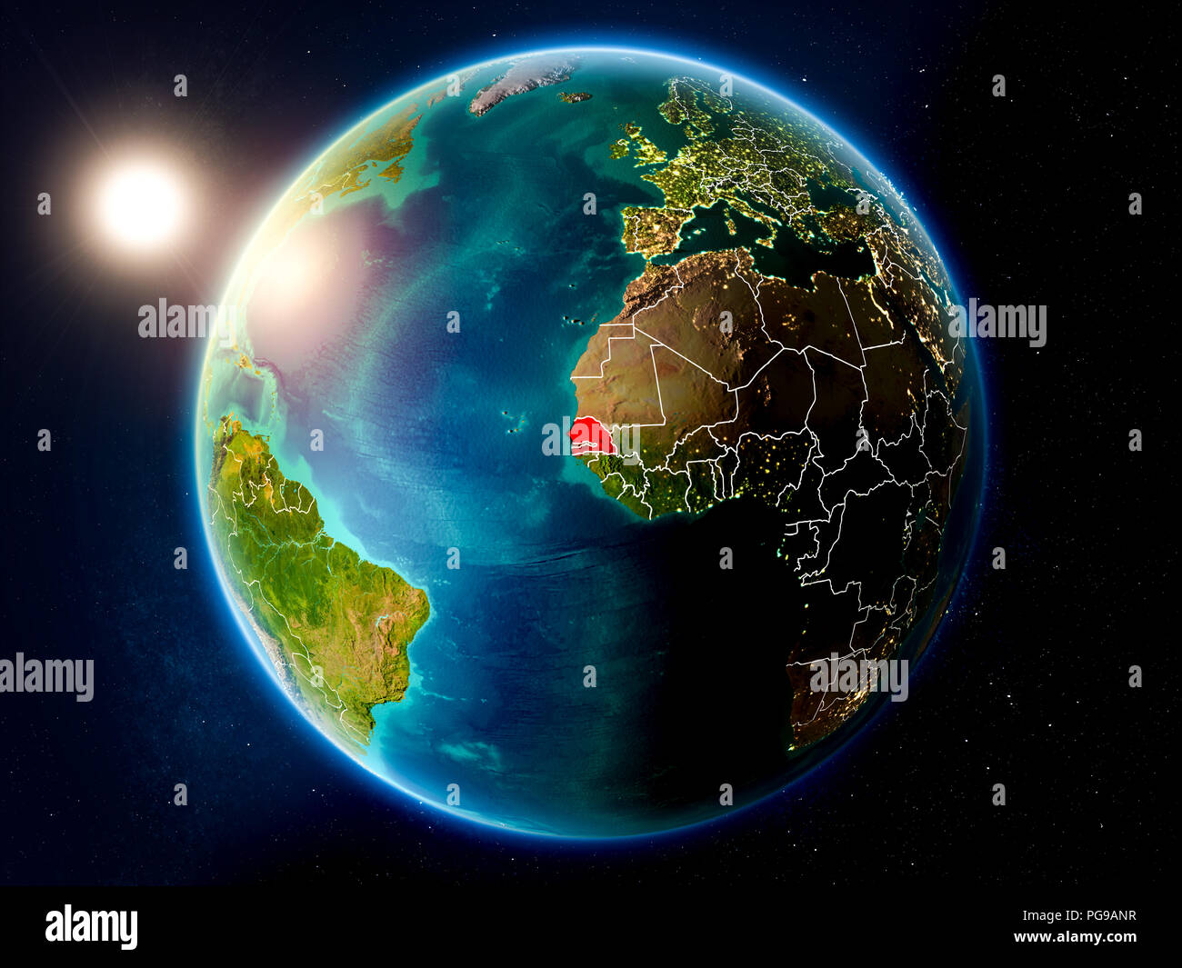 Sunset above Senegal highlighted in red on planet Earth with visible ...