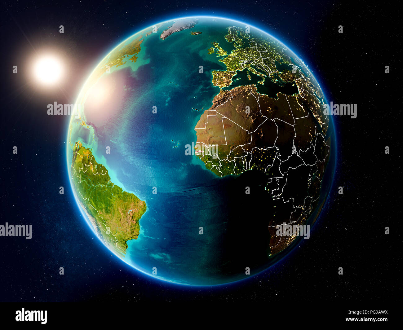 Sunset above Gambia highlighted in red on planet Earth with visible ...