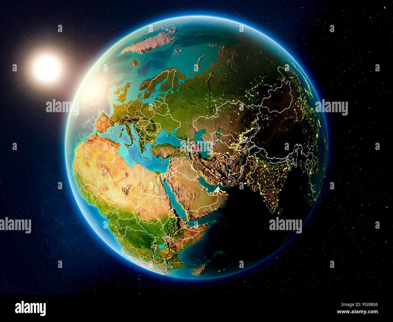 Sunset above Azerbaijan highlighted in red on planet Earth with visible ...