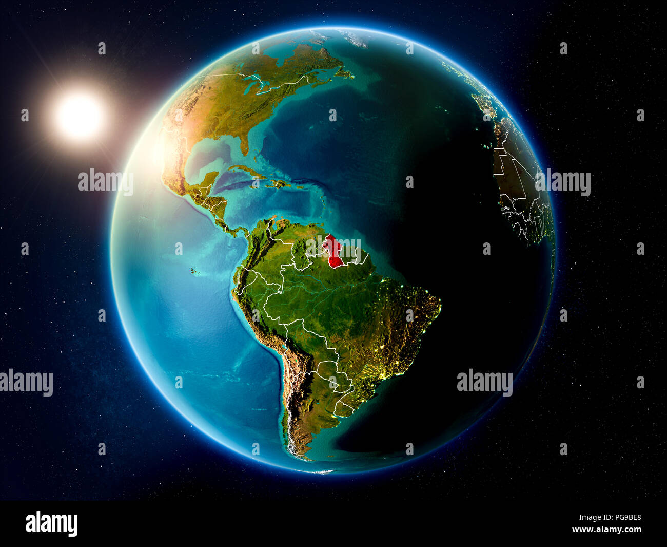 Sunset above Guyana highlighted in red on planet Earth with visible ...