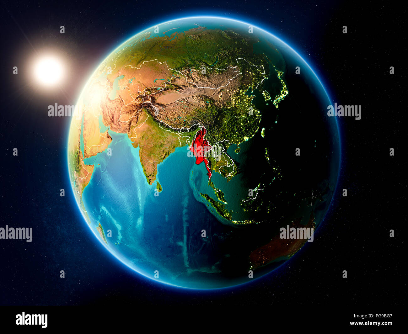 Sunset above Myanmar highlighted in red on planet Earth with visible ...