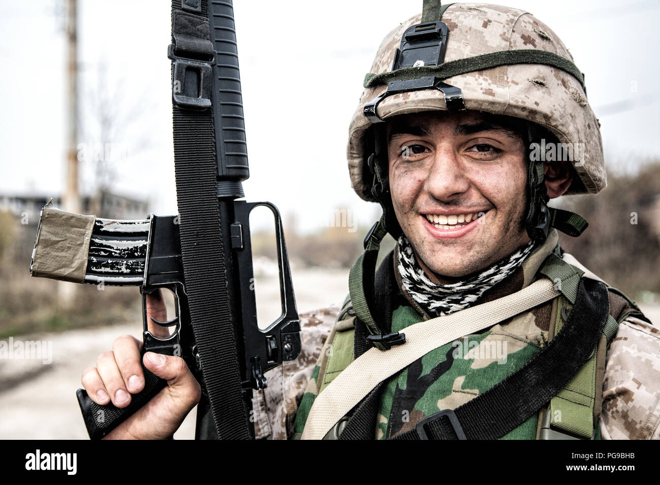 Smiling army soldier, United States Marine Corps infantry shooter in ...