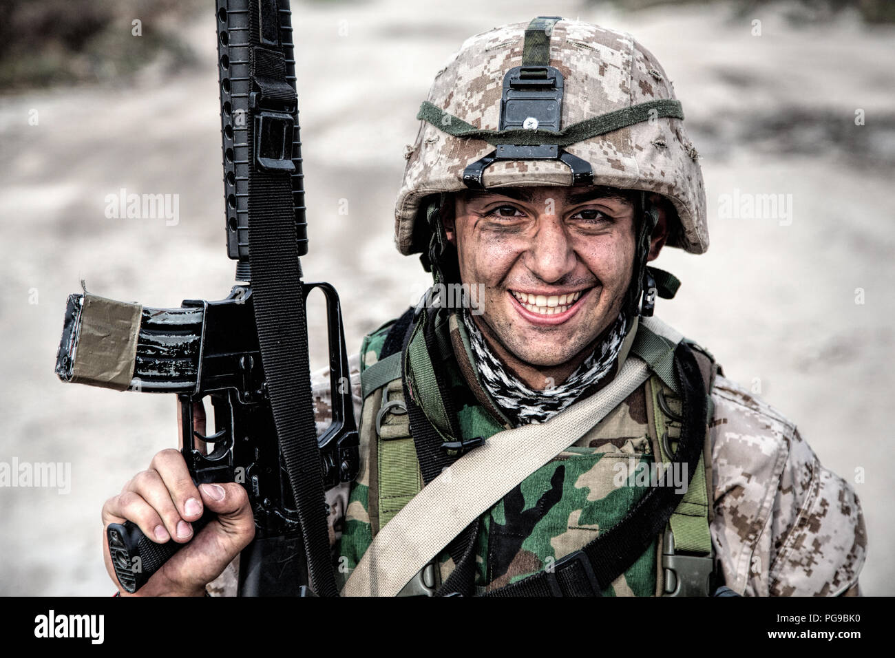 Smiling army soldier, United States Marine Corps infantry shooter in ...