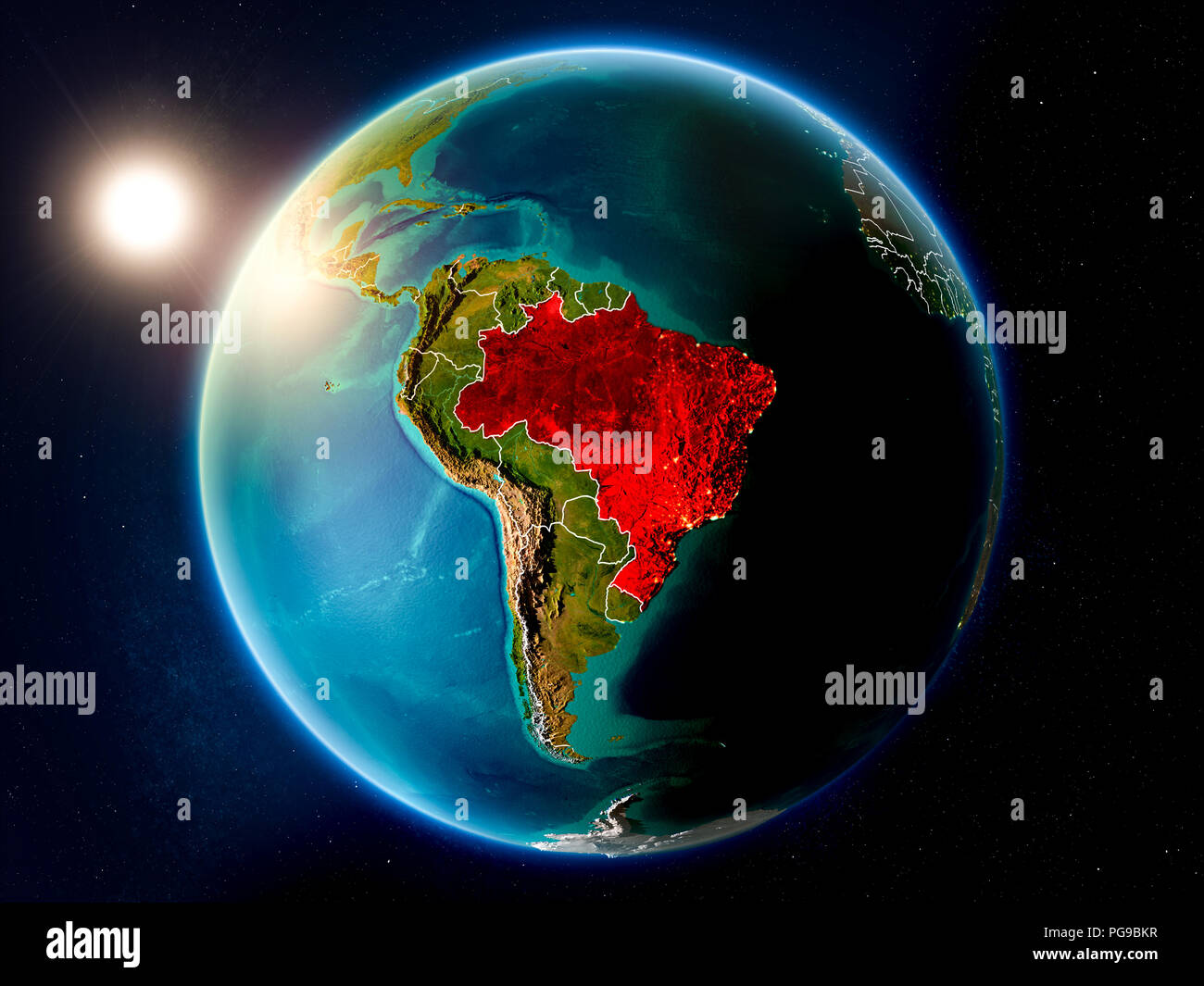 Sunset above Brazil highlighted in red on planet Earth with visible ...