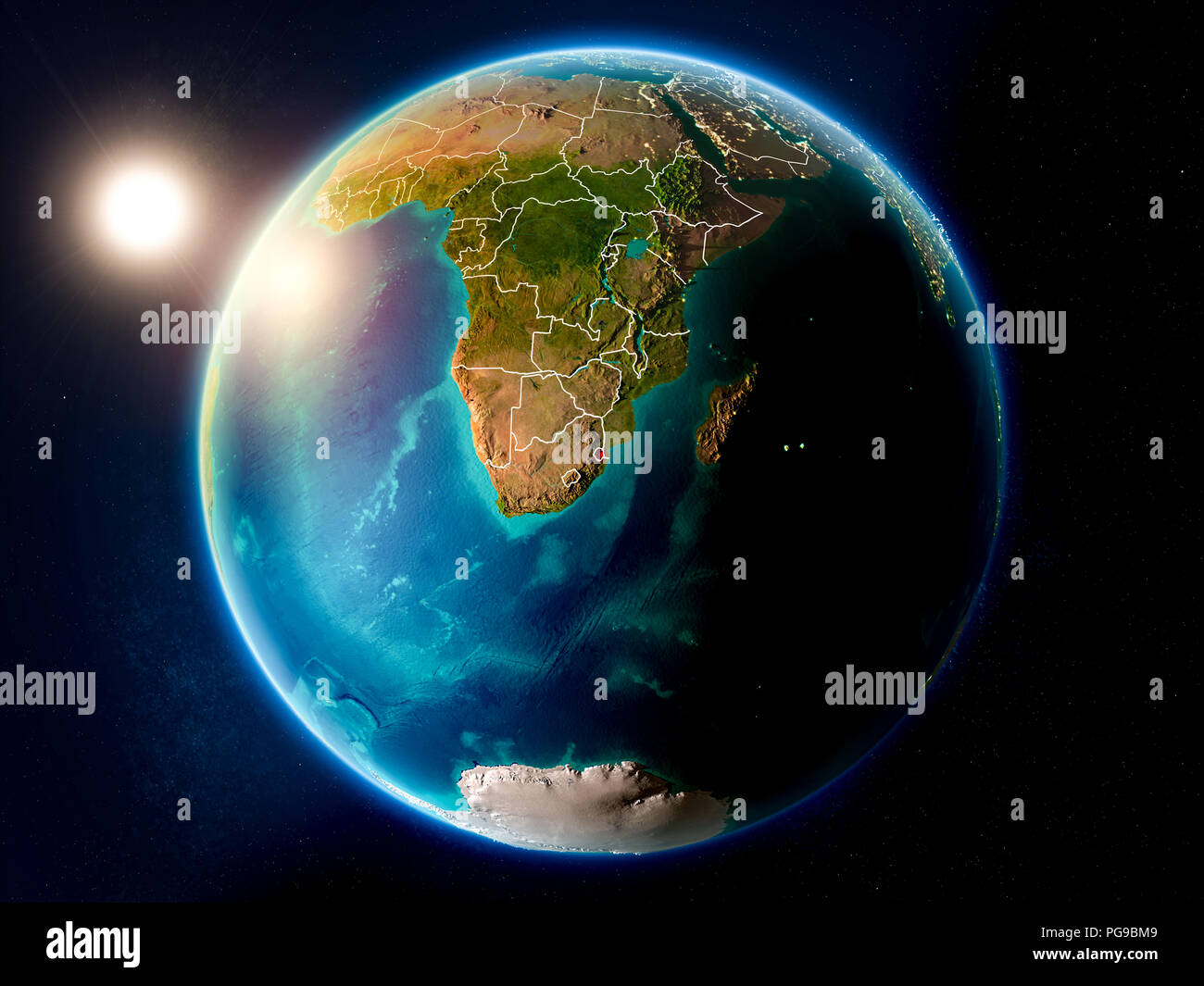 Sunset above Swaziland highlighted in red on planet Earth with visible country borders. 3D ...