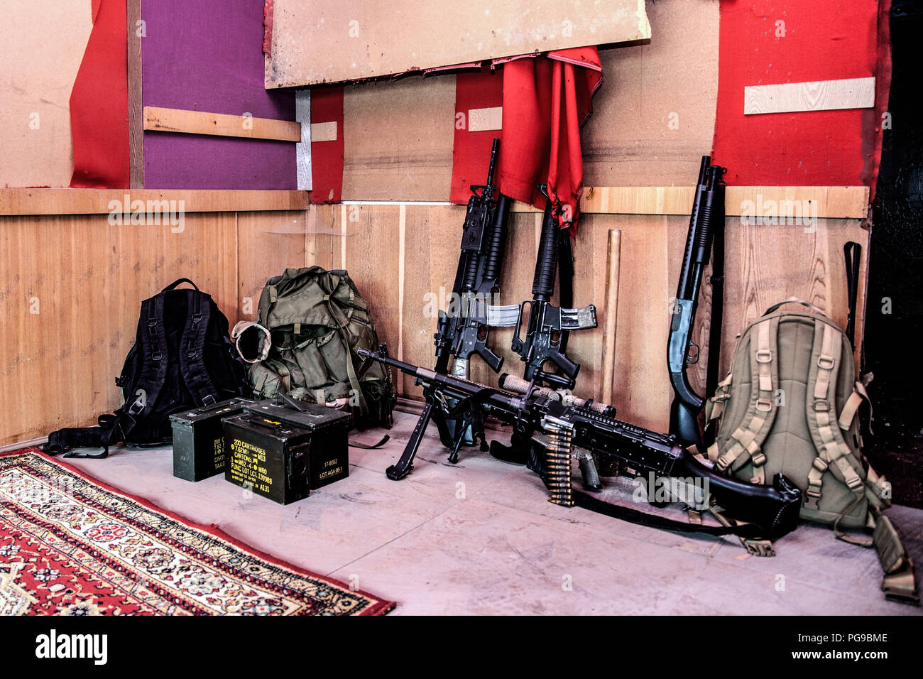 U.S. army marines assault squad weapon storage at outpost with service ...