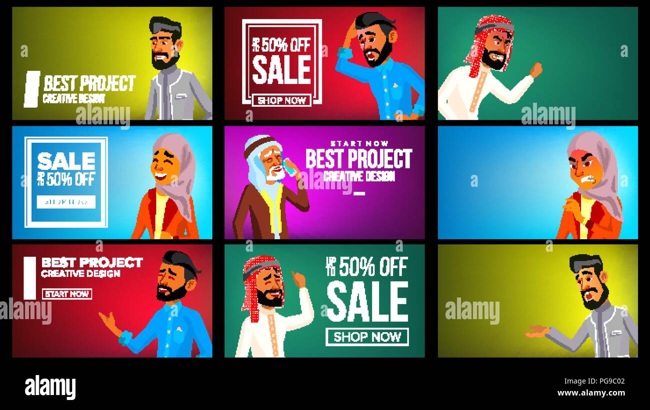 Arab Man, Woman Banner Set Vector. Arab Business Man, Woman ...