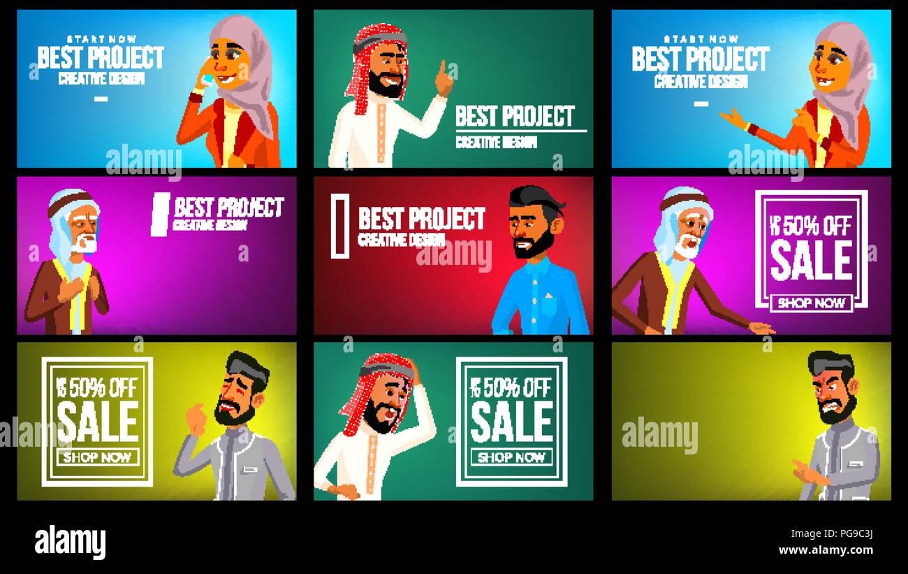 Arab Man, Woman Banner Set Vector. Young Saudi Arabic Woman, Man ...