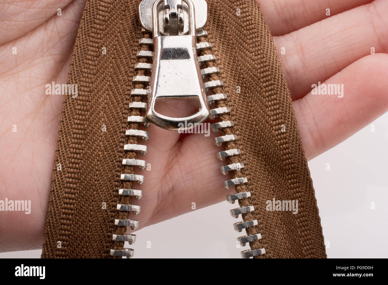 Hand holding color zipper on a white background Stock Photo - Alamy