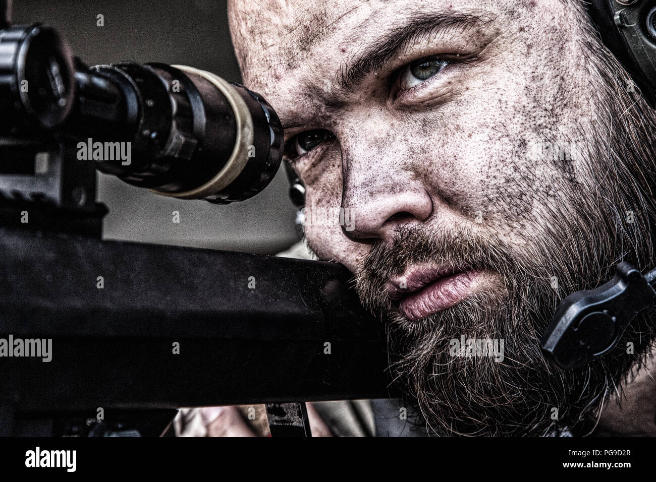 Skilled army sniper aiming with optical sight Stock Photo - Alamy