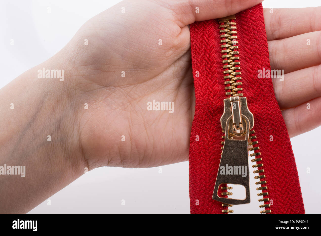 Hand holding color zipper on a white background Stock Photo - Alamy