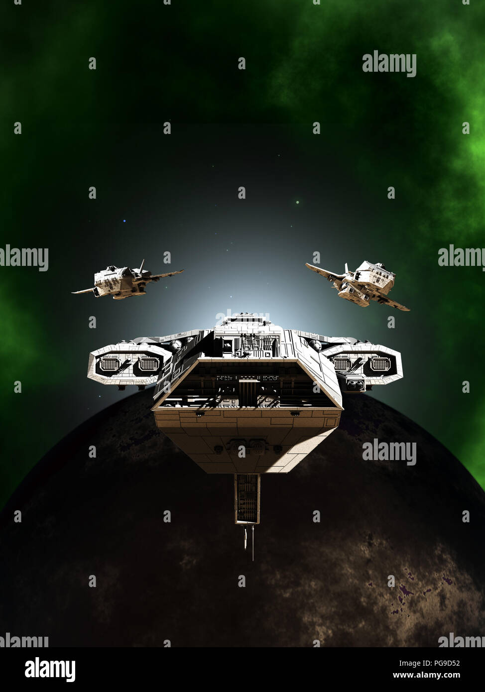 Deep Space Battle Fleet Formation Passing a Dark Planet Stock Photo - Alamy