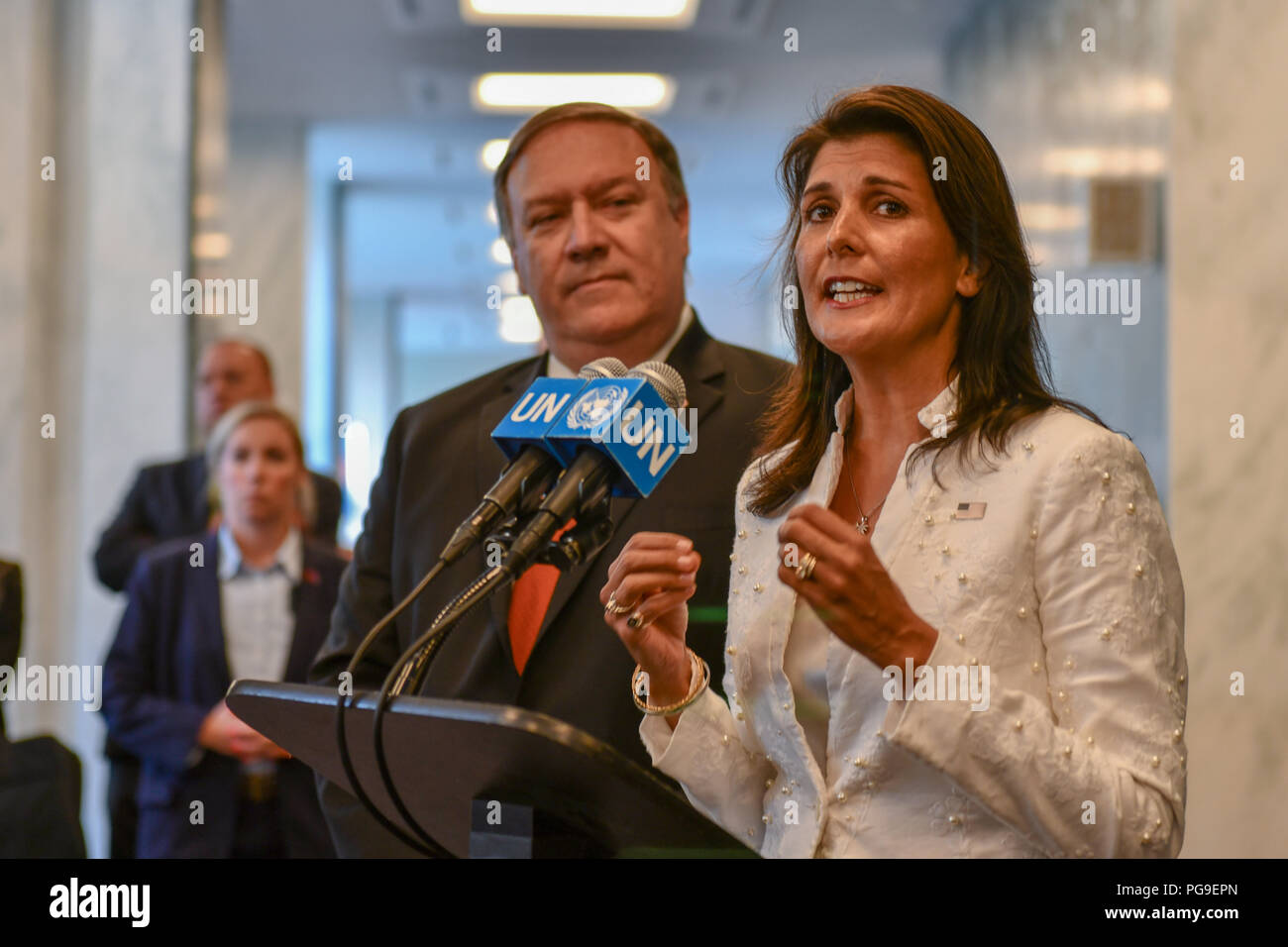 U.S. Permanent Representative to the United Nations Nikki Haley flanked ...