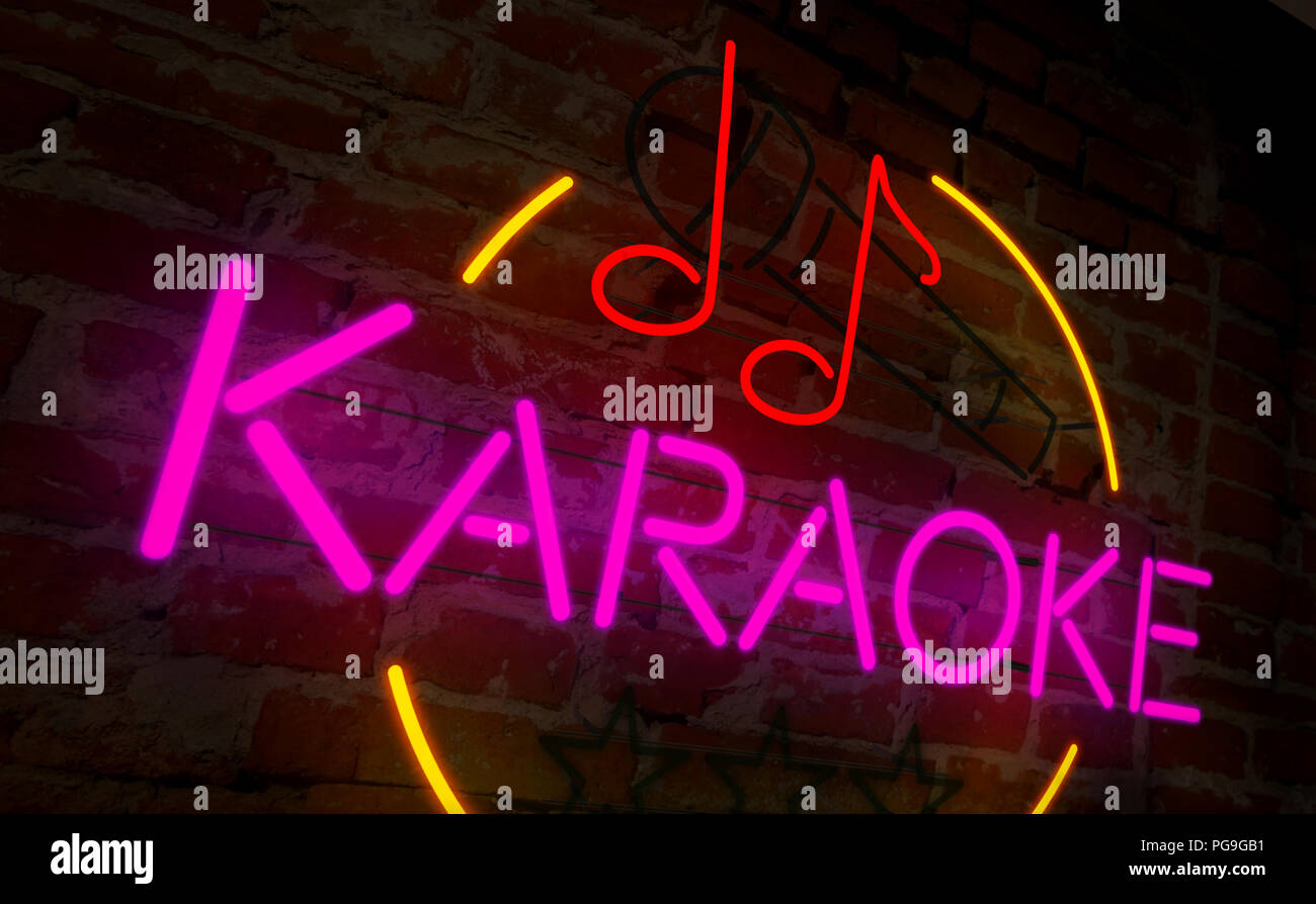 Karaoke club neon lamp on bricks wall. Retro light lettering sign ...