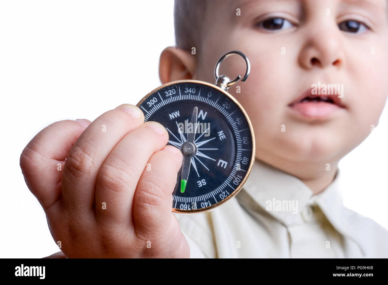 Isolated compass in baby's hand on a white background Stock Photo - Alamy