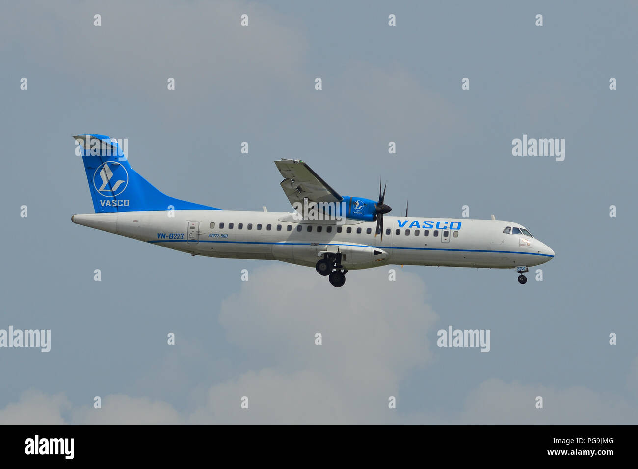 Saigon, Vietnam - Aug 22, 2018. An ATR 72 airplane of Vasco landing at ...