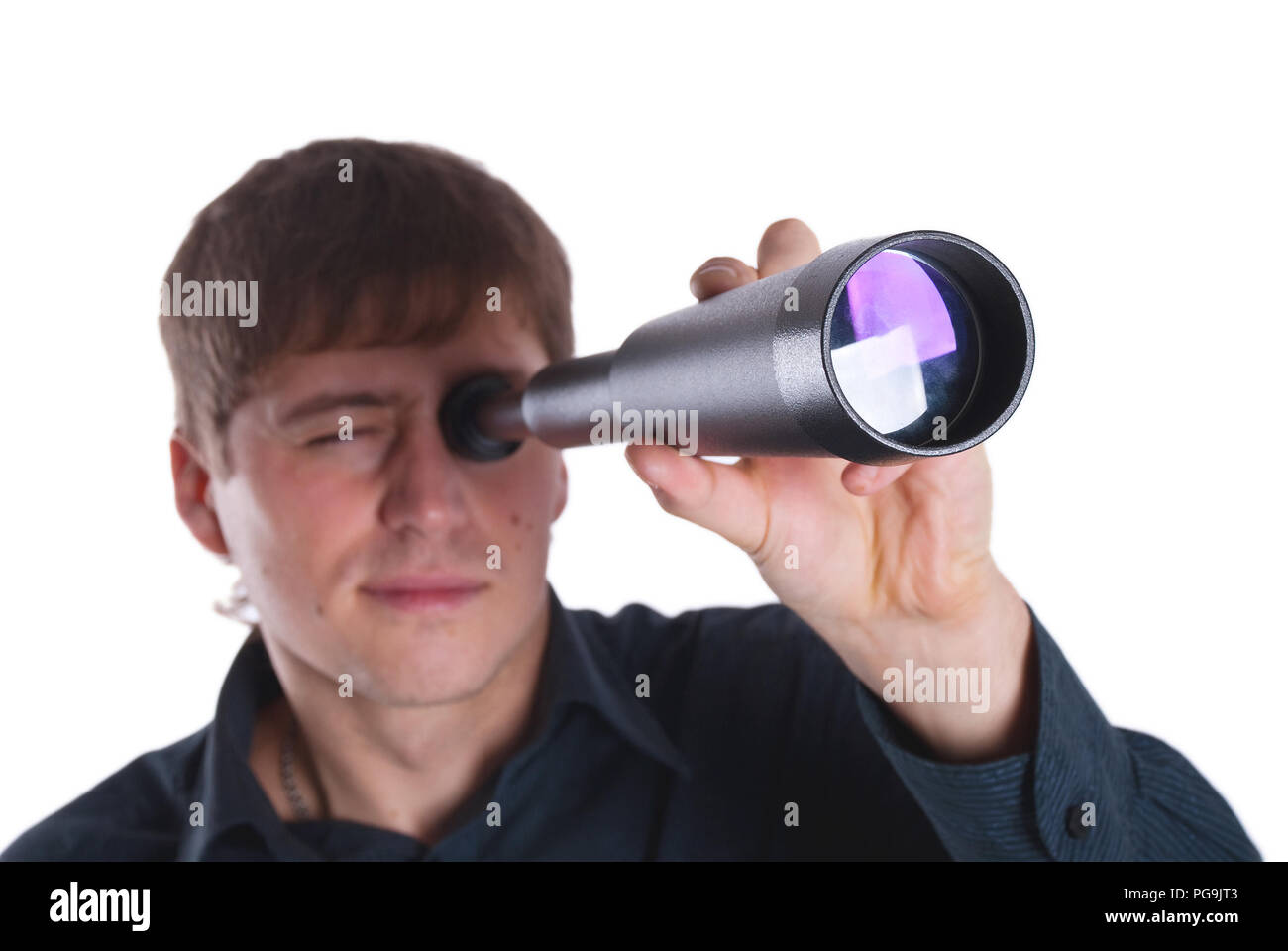 man looking through a telescope isolated on a white background Stock ...