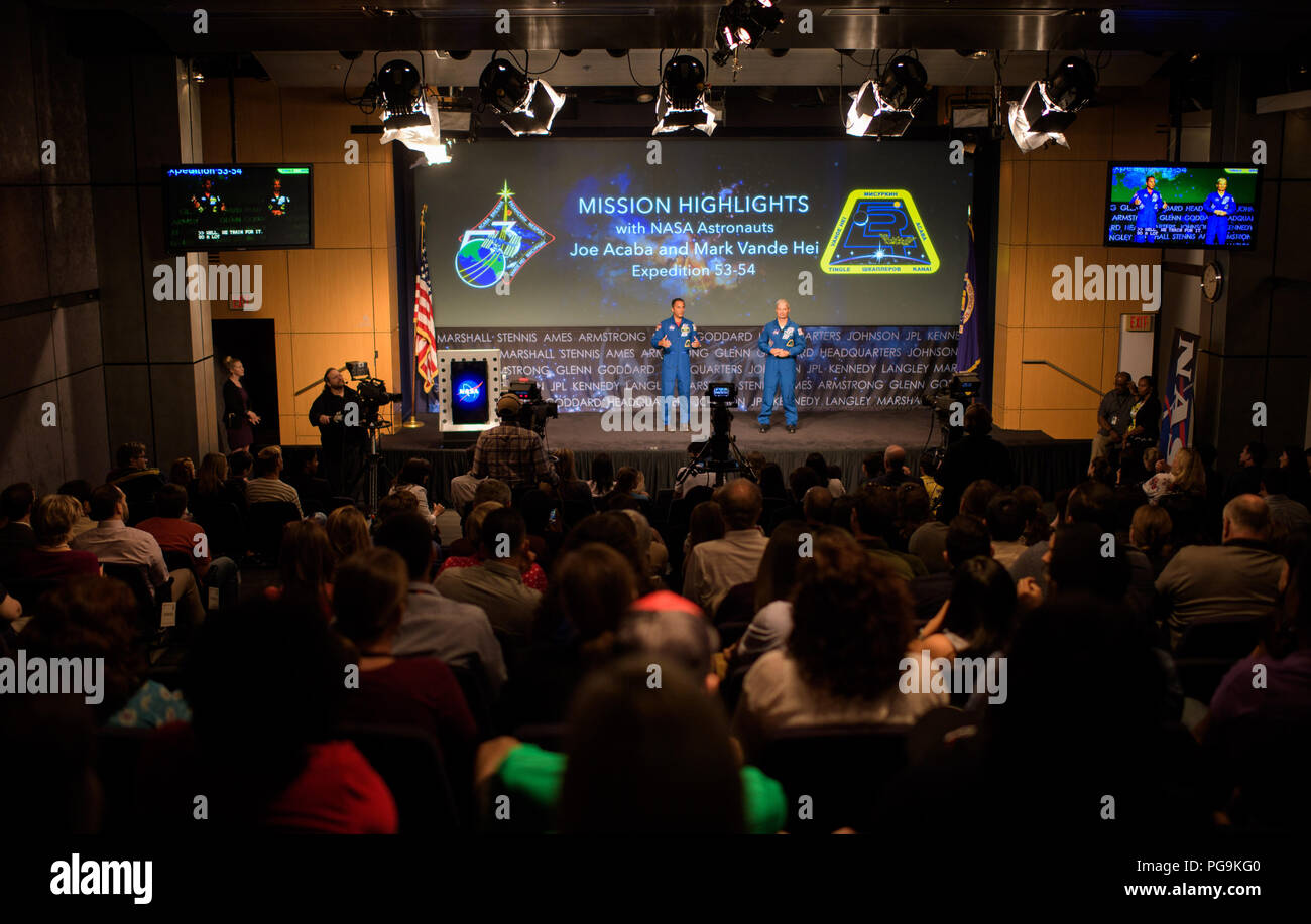 NASA astronauts Joe Acaba, left, and Mark Vande Hei, right, answer ...